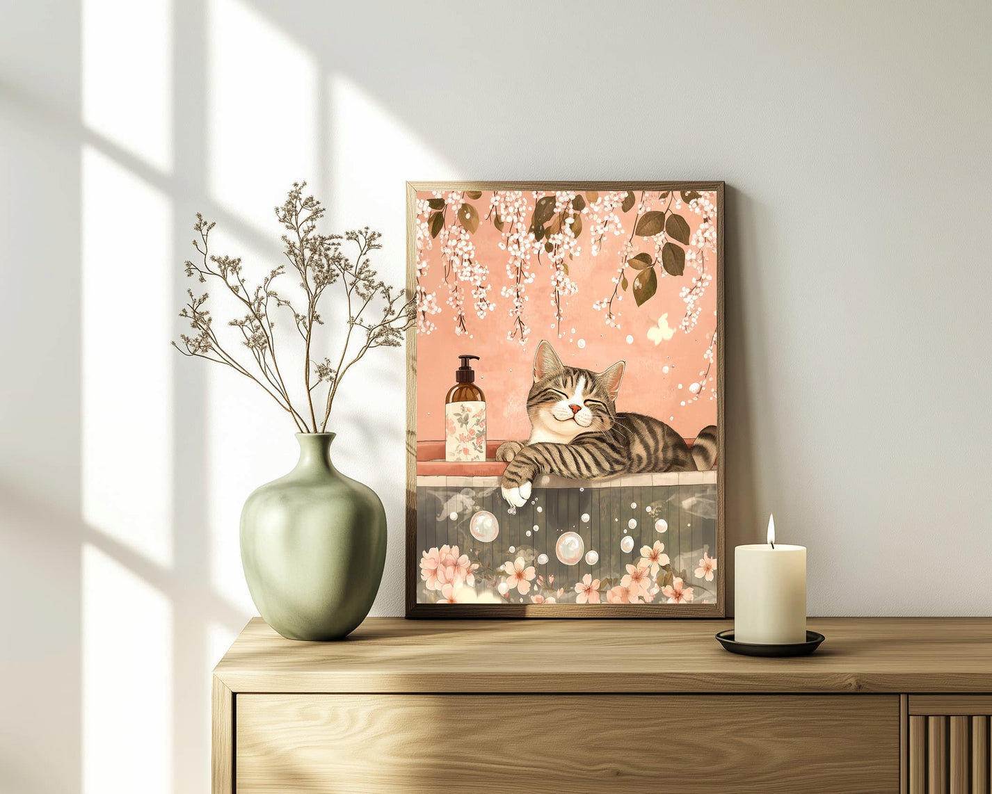 Tabby Cat in Bathtub Japandi Japan Art Ukiyo-e Print Bathroom Decor ...