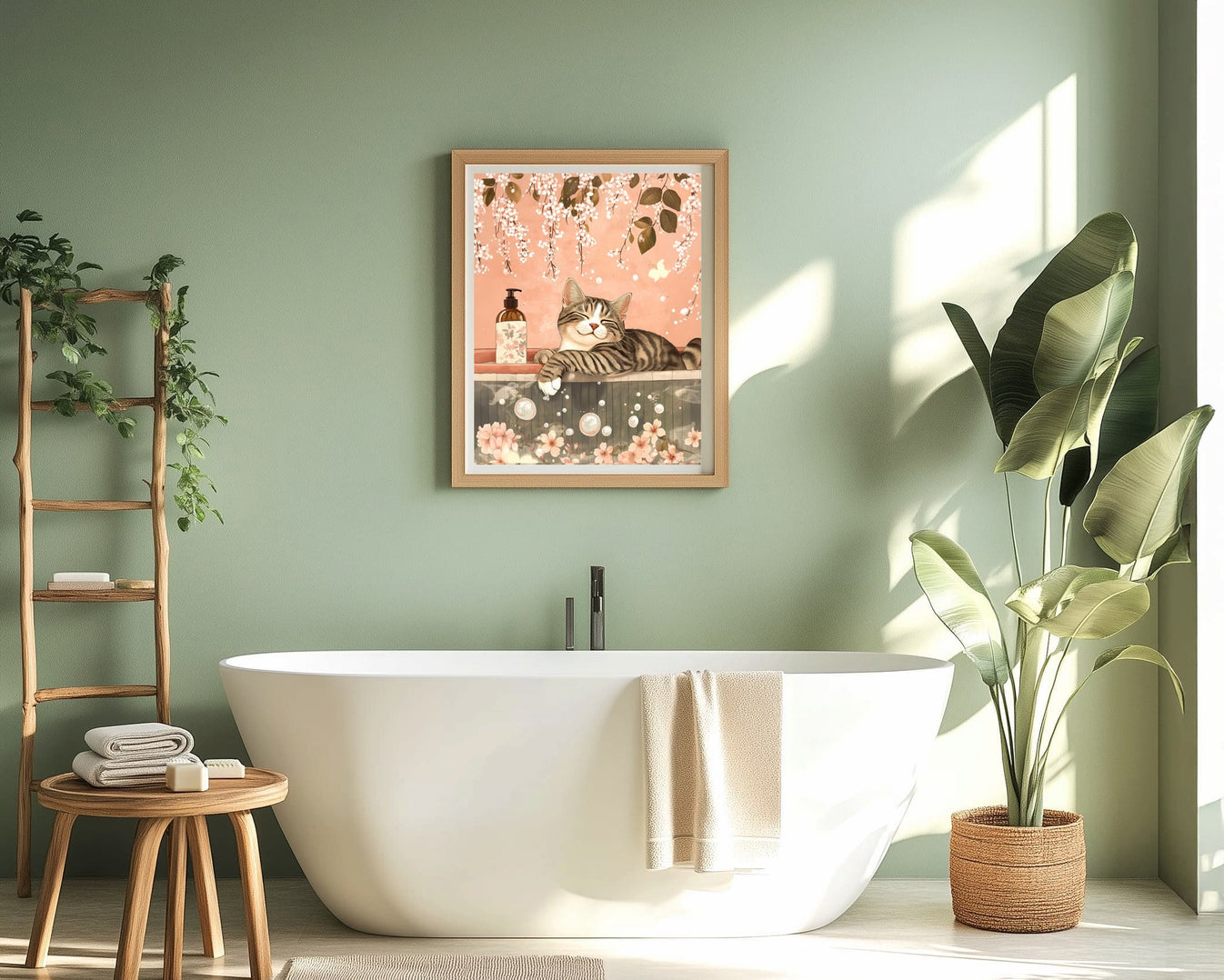 Tabby Cat in Bathtub Japandi Japan Art Ukiyo-e Print Bathroom Decor ...